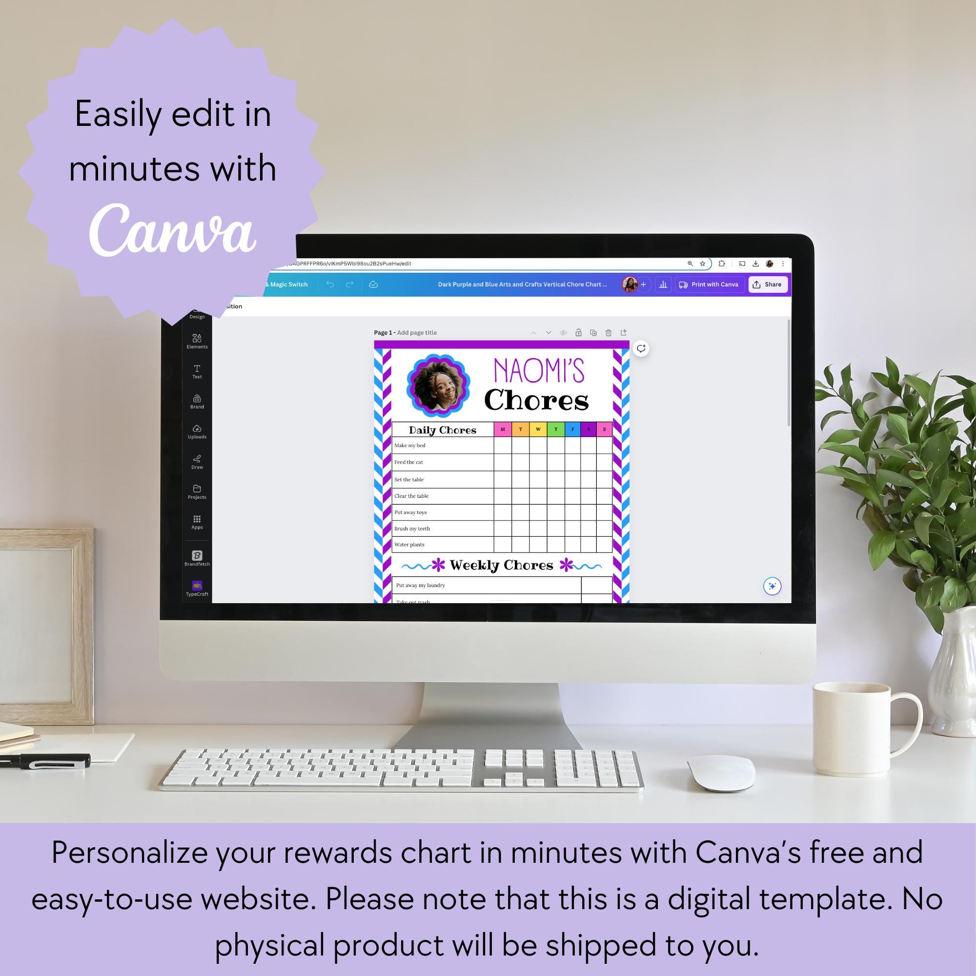 Purple Rewards Chart Printable,kids Routine Chart,kids Chore Chart,kids ...
