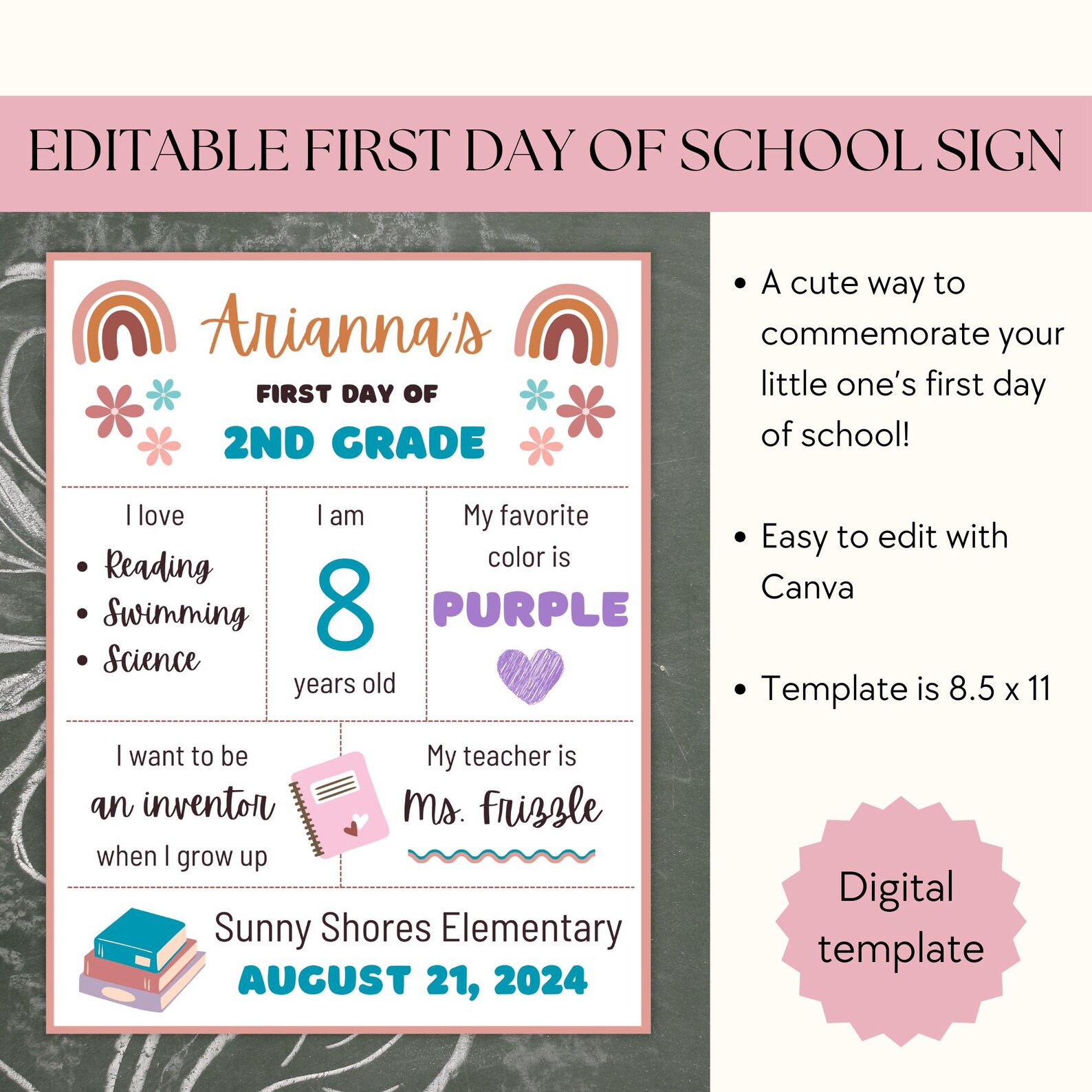 Pink First Day of School Sign|back to School Sign Printable|editable ...