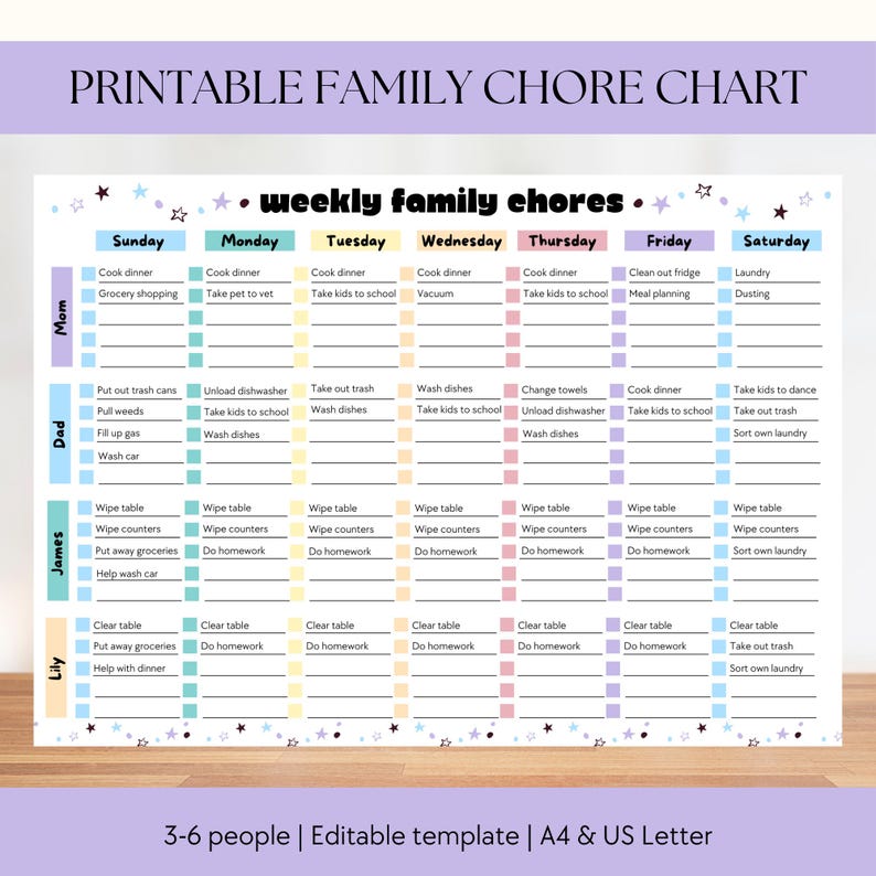 Family Chore Chart, Printable and Editable Chore Chart, Adult Chore ...