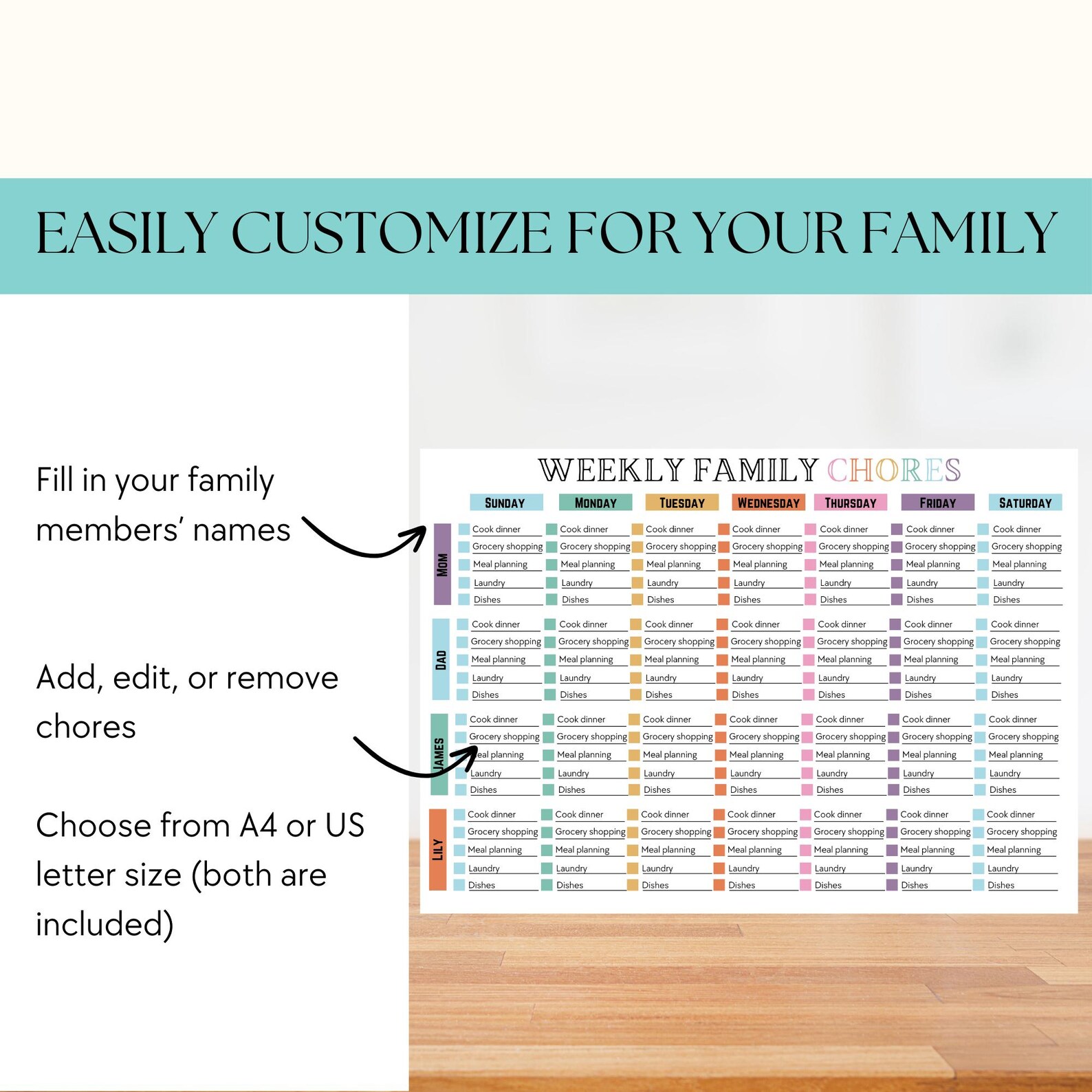 Adult Chore Chart Printable, Family Chore Chart, Teens, Printable ...