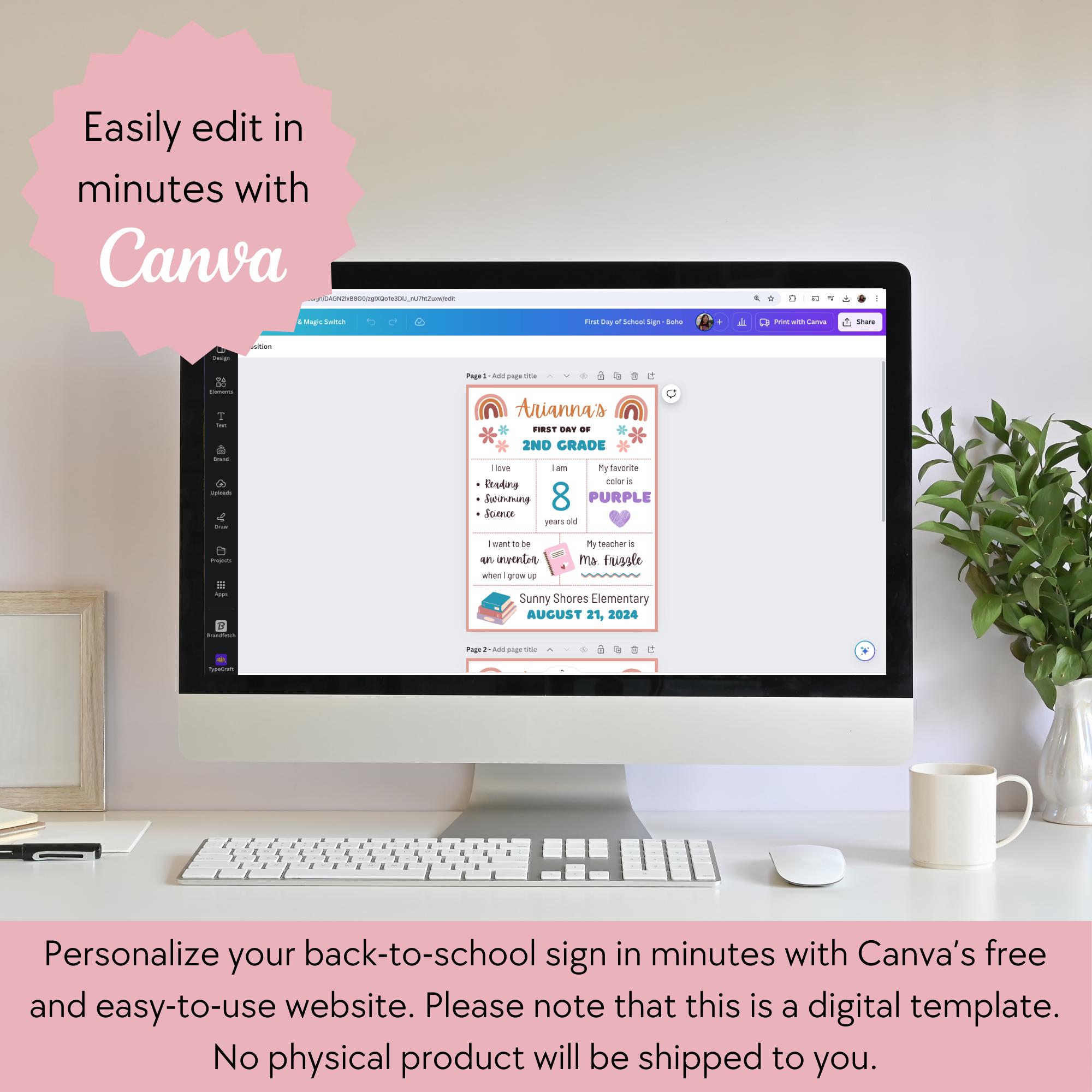 Pink First Day of School Sign|back to School Sign Printable|editable ...