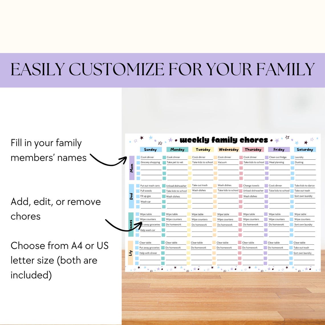 Family Chore Chart, Printable and Editable Chore Chart, Adult Chore ...