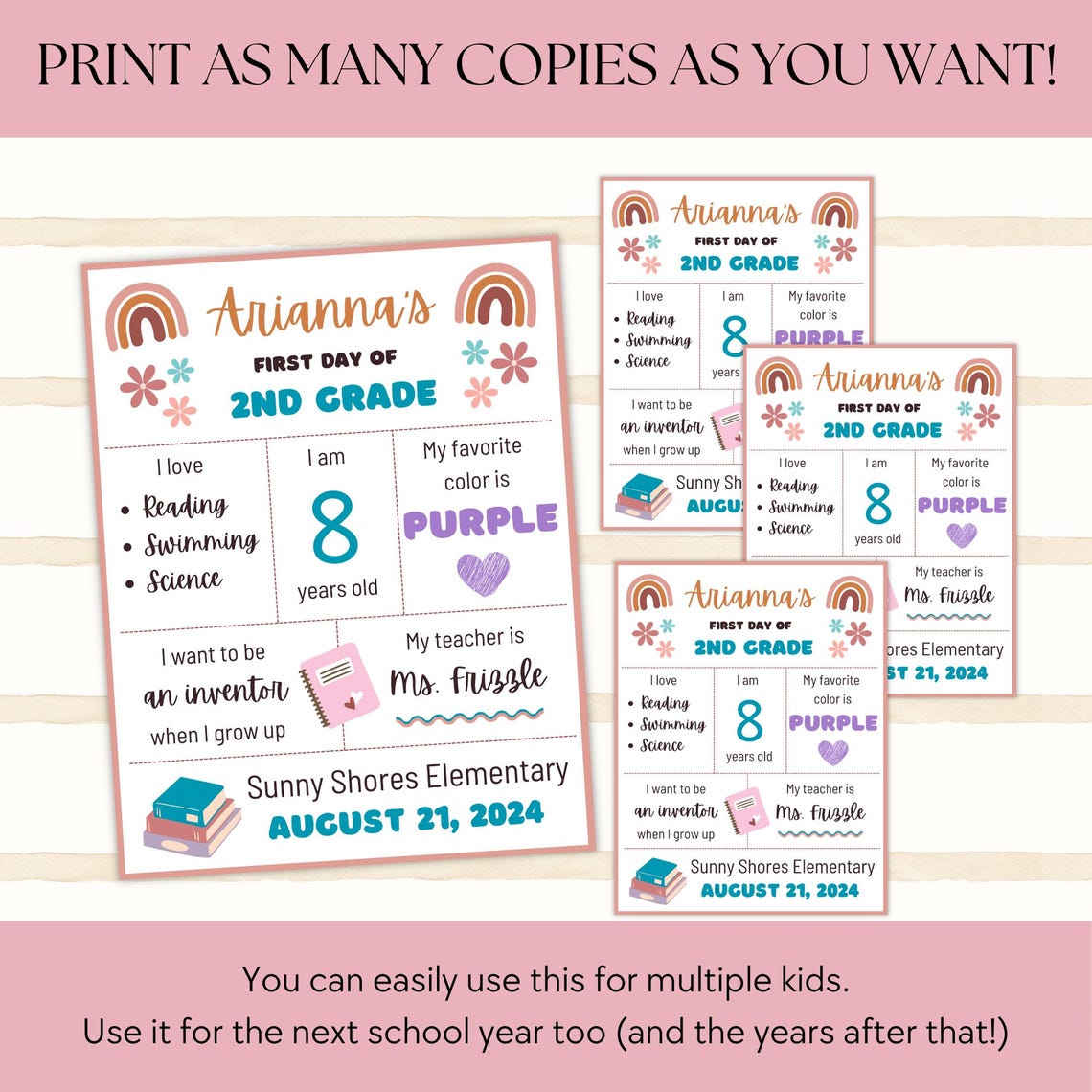 Pink First Day of School Sign|back to School Sign Printable|editable ...