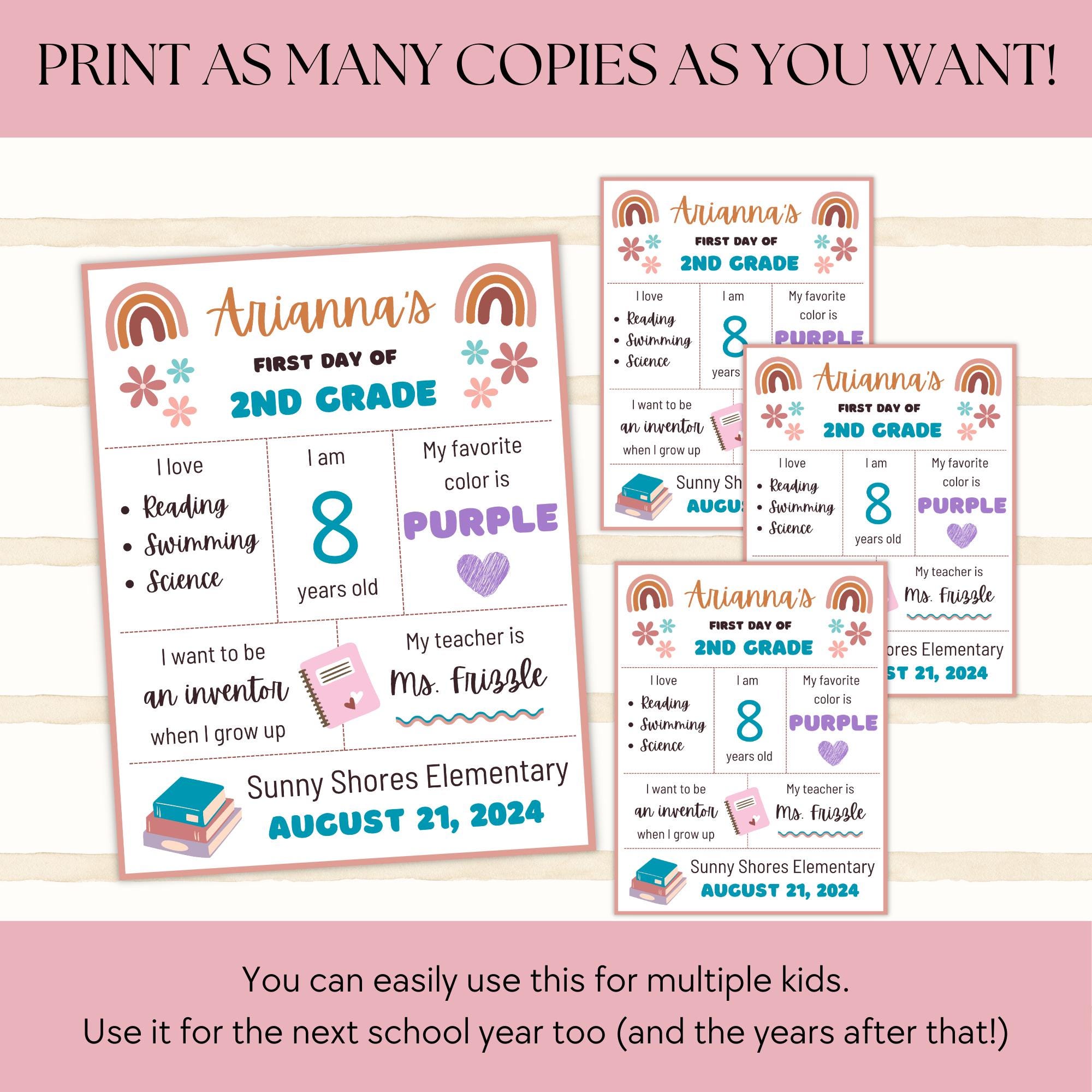 Pink First Day of School Sign|back to School Sign Printable|editable ...