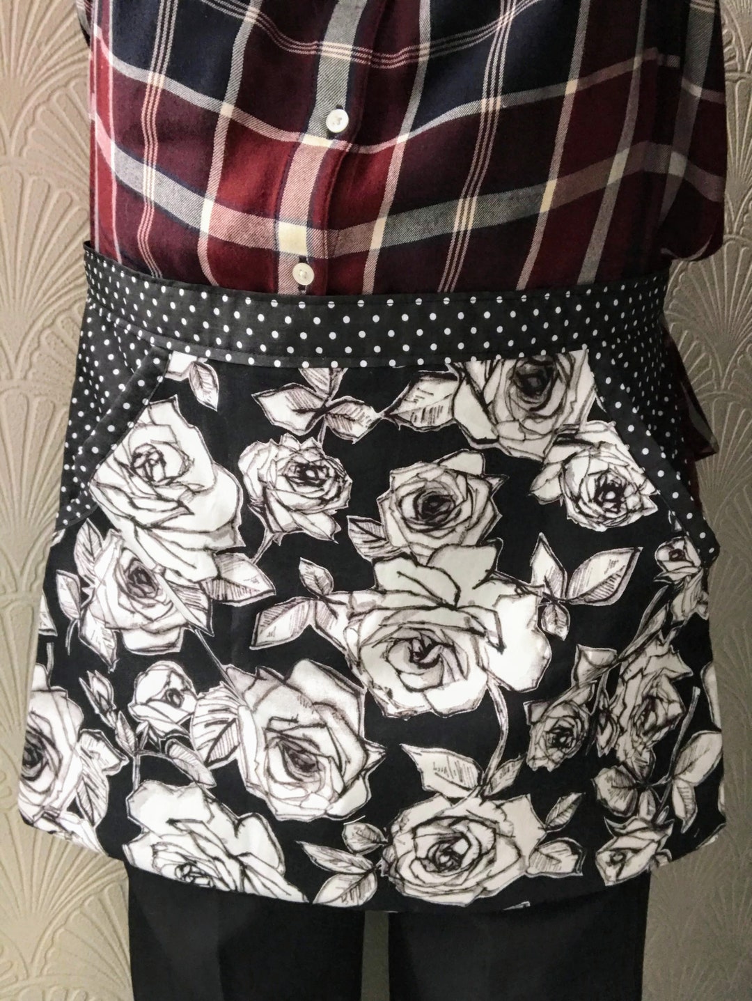 Kitchen Apron Black White Roses Half Apron, Gardening Tie Waist Peg ...