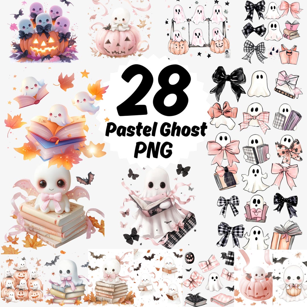 28 Pastel Color Ghost PNG Bundle, Cute Halloween Clipart, Kawaii Ghosts ...