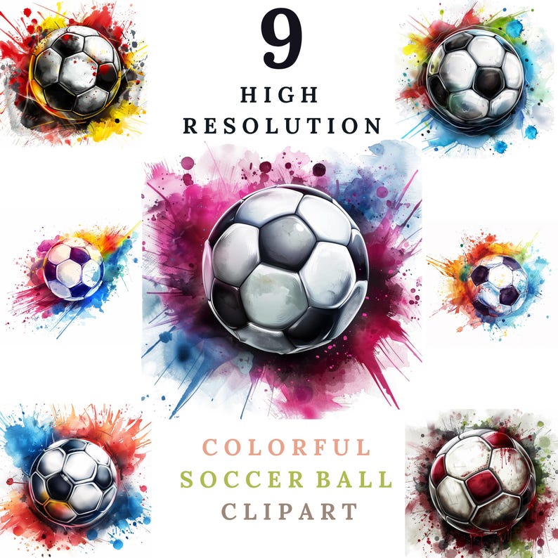 9 Colorful Soccer Ball Clipart Bundle | Sports Art Print | Sports ...