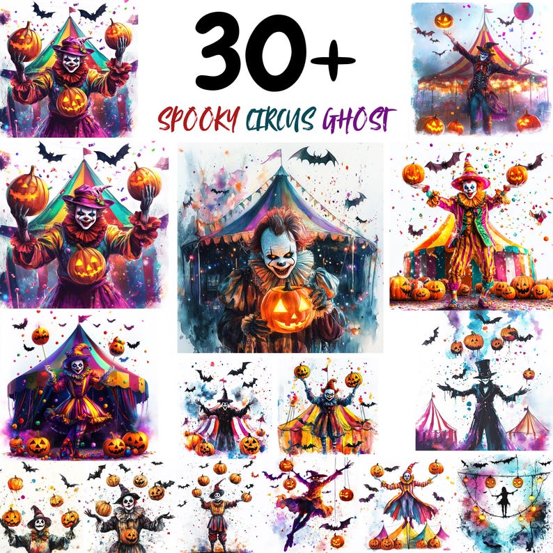 Spooky Circus Ghost PNG Bundle Creepy Clown Clipart, Halloween Circus ...