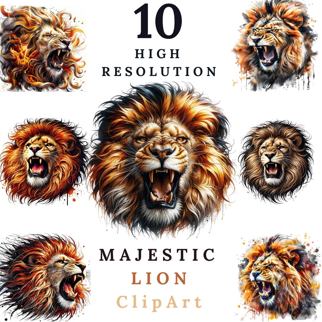 Majestic Roaring Lion Clipart Bundle - Intense and Realistic Lion Art ...