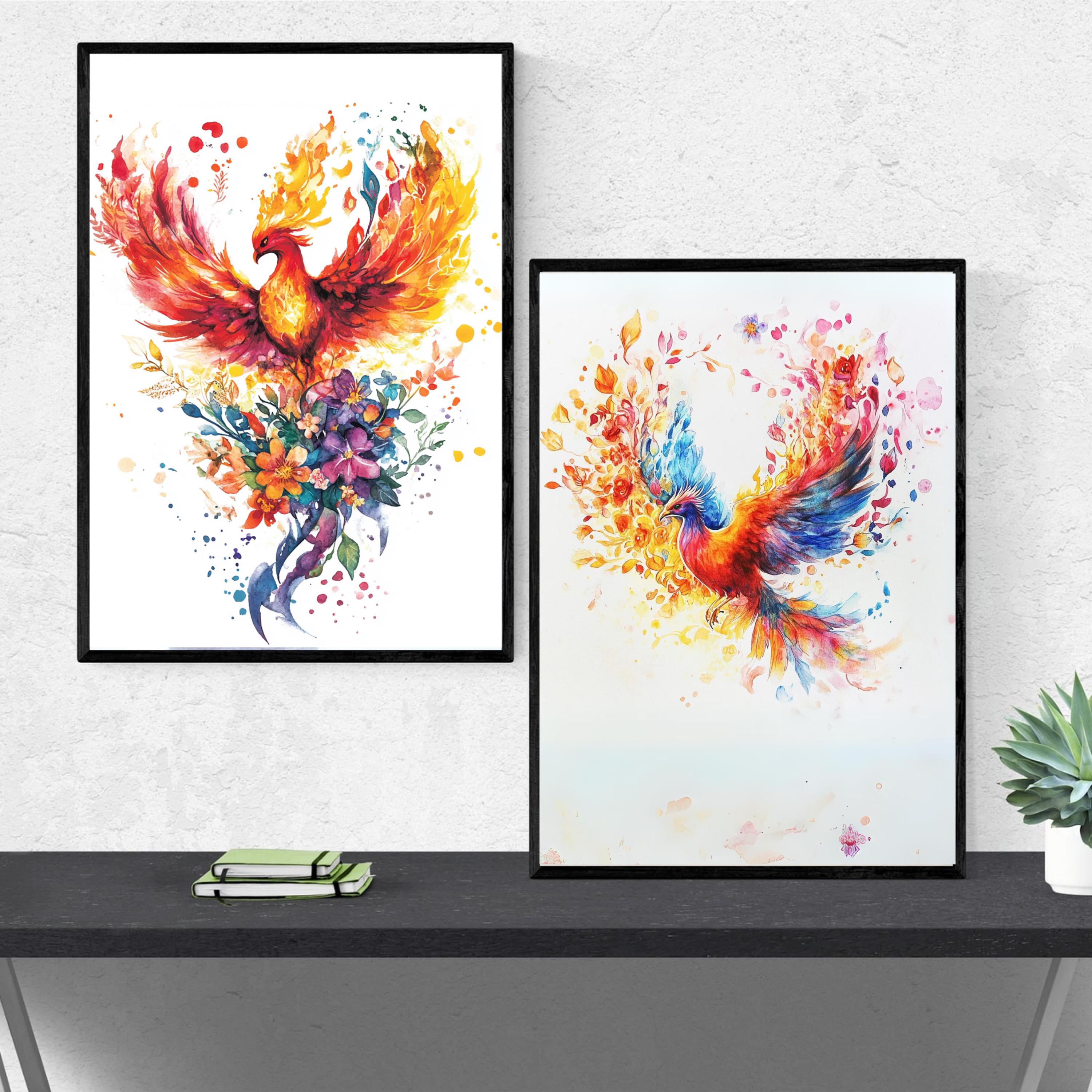 Phoenix Wall Art Print - Watercolor Phoenix Artwork, Boho Decor, Fiery ...