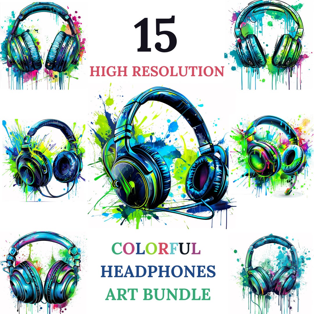 15 Colorful Headphones Art Print Bundle - DJ Music Illustration - High ...