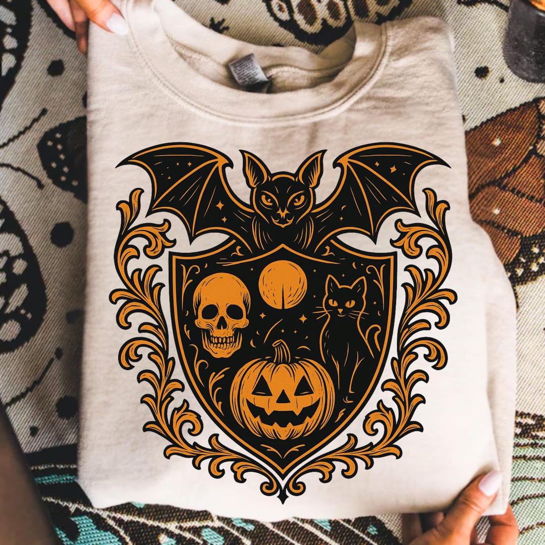 Halloween Crest PNG, Gothic Bat Skull Pumpkin Art, Spooky Season ...