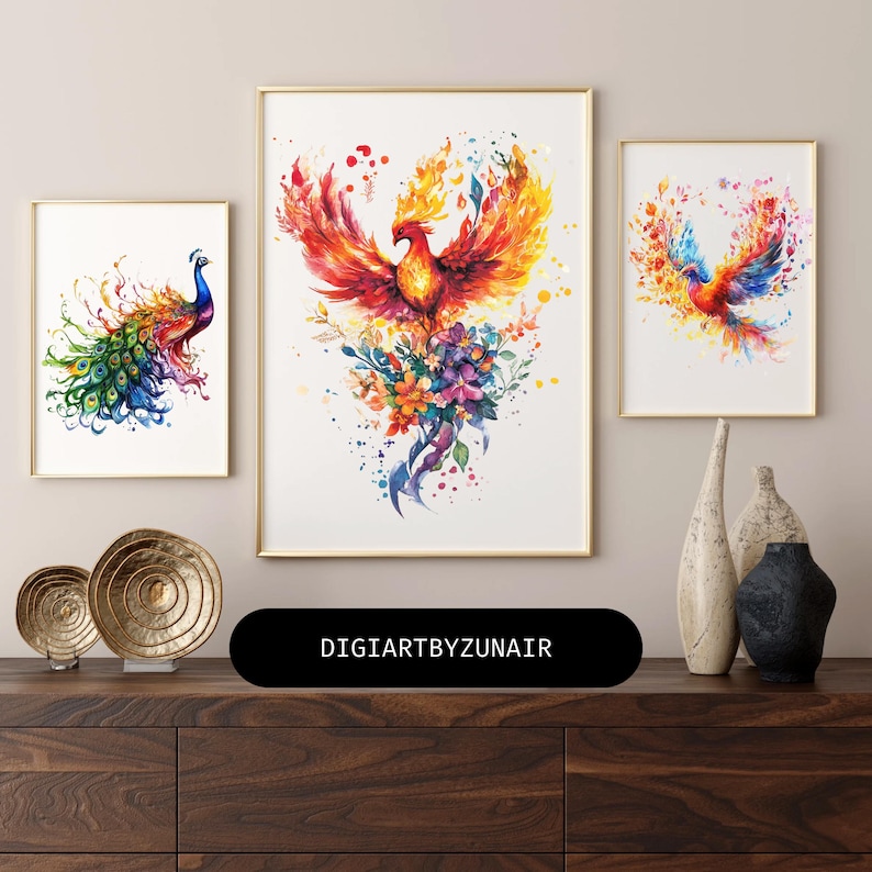 Phoenix Wall Art Print - Watercolor Phoenix Artwork, Boho Decor, Fiery ...