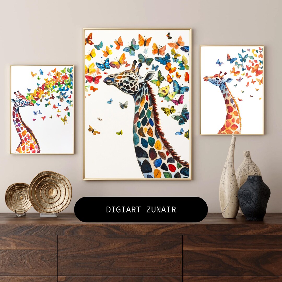 Giraffe Butterfly Wall Art Set – Colorful Giraffe Prints, Animal With ...