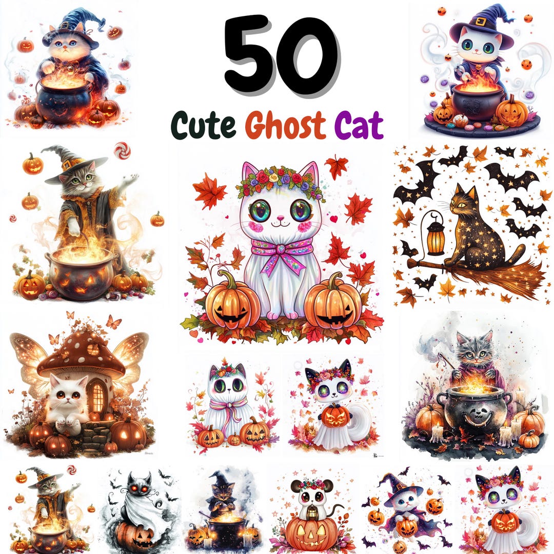 50 Cute Ghost Cat Clipart Bundle – Halloween Cat PNG, Spooky Black Cat ...