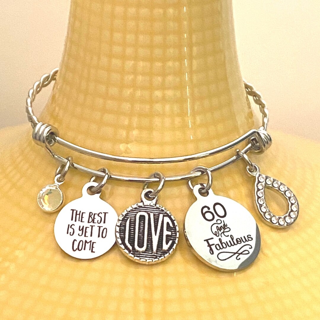 60th Birthday Bangle Bracelet With Letter Charm, Fabulous and Sixty ...
