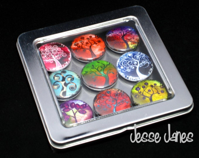 Swirl TREES Set of 9 Button Magnets With Window Top Tin Ready for Gift ...