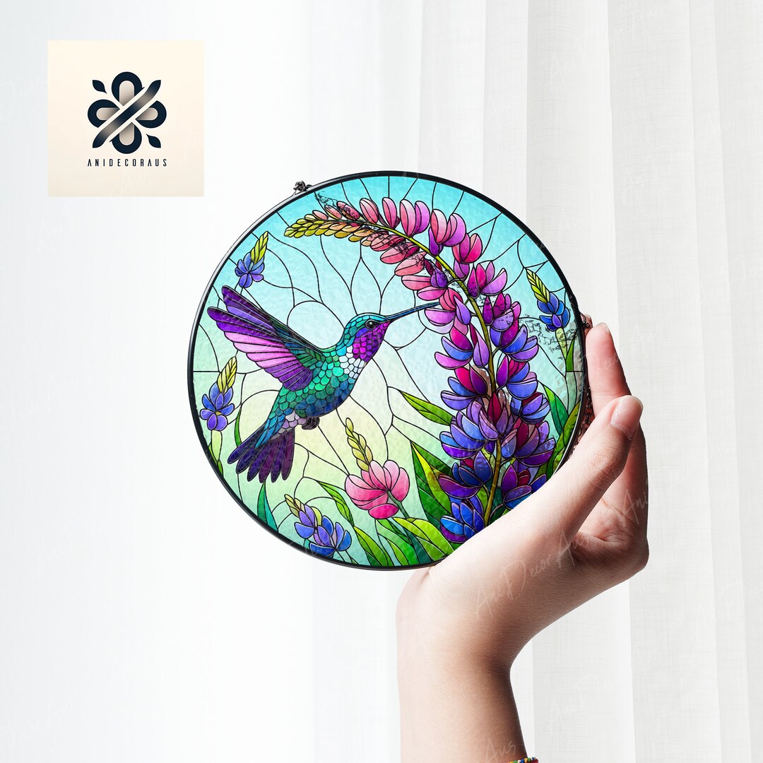 Lupine Flower and Hummingbird GLASS Suncatcher, Home Decor Sign, Window ...