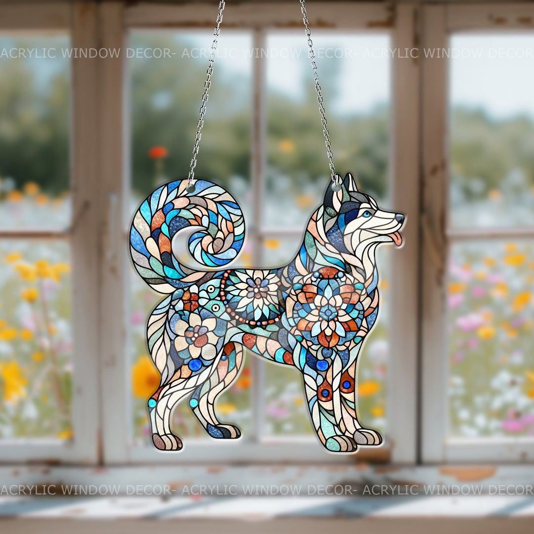 Husky Dog Mosaic Mandala Acrylic Window Hanging, Husky Decoration, Wall ...