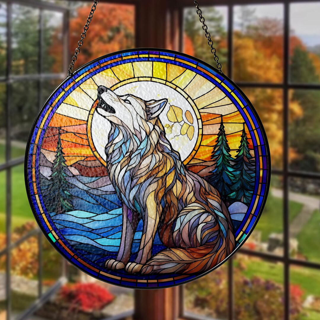 Wolf Howling Under Full Moon Stained GLASS Suncatcher Window Hanging ...