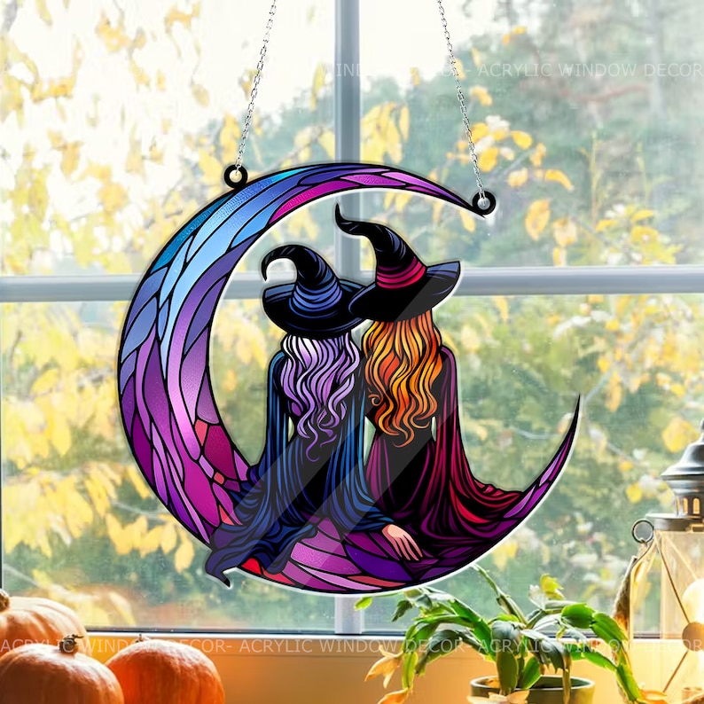 LGBT Crescent Moon Lesbian Witches Acrylic Window Hanging, LGBT Witch ...
