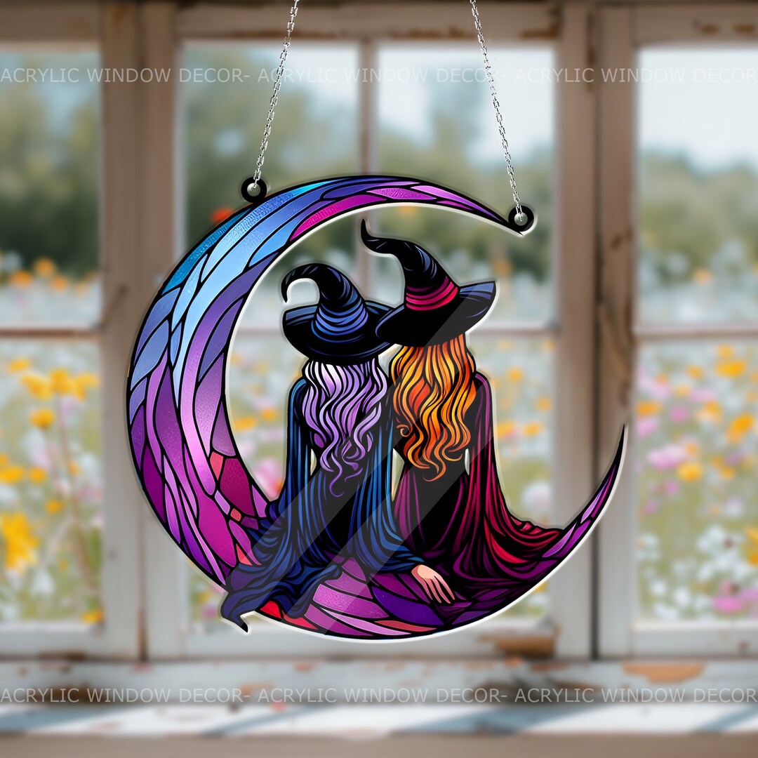 LGBT Crescent Moon Lesbian Witches Acrylic Window Hanging, LGBT Witch ...