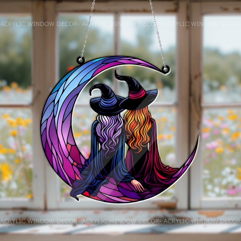 LGBT Crescent Moon Lesbian Witches Acrylic Window Hanging, LGBT Witch ...