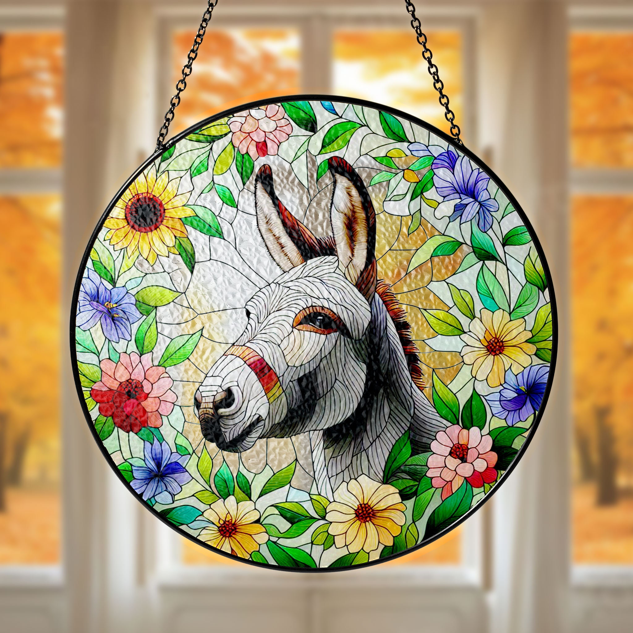 Floral Donkey Stained GLASS Suncatcher, Donkey Suncatcher Decor ...