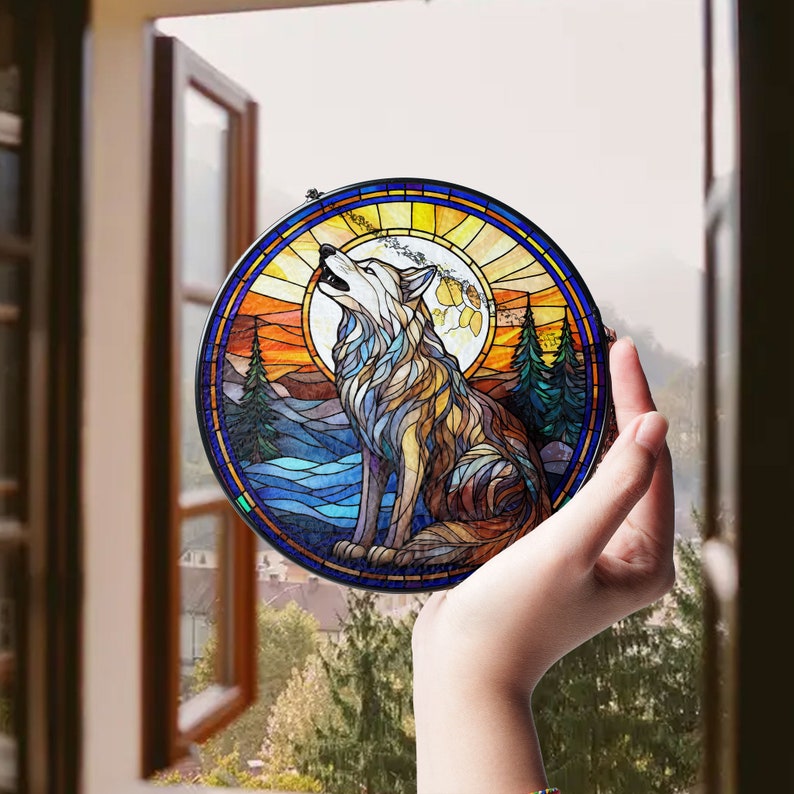 Wolf Howling Under Full Moon Stained GLASS Suncatcher Window Hanging ...