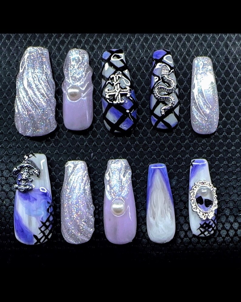 Goth Mermaid Siren Press on Nails With Charms and 3D Art Coffin Nails ...