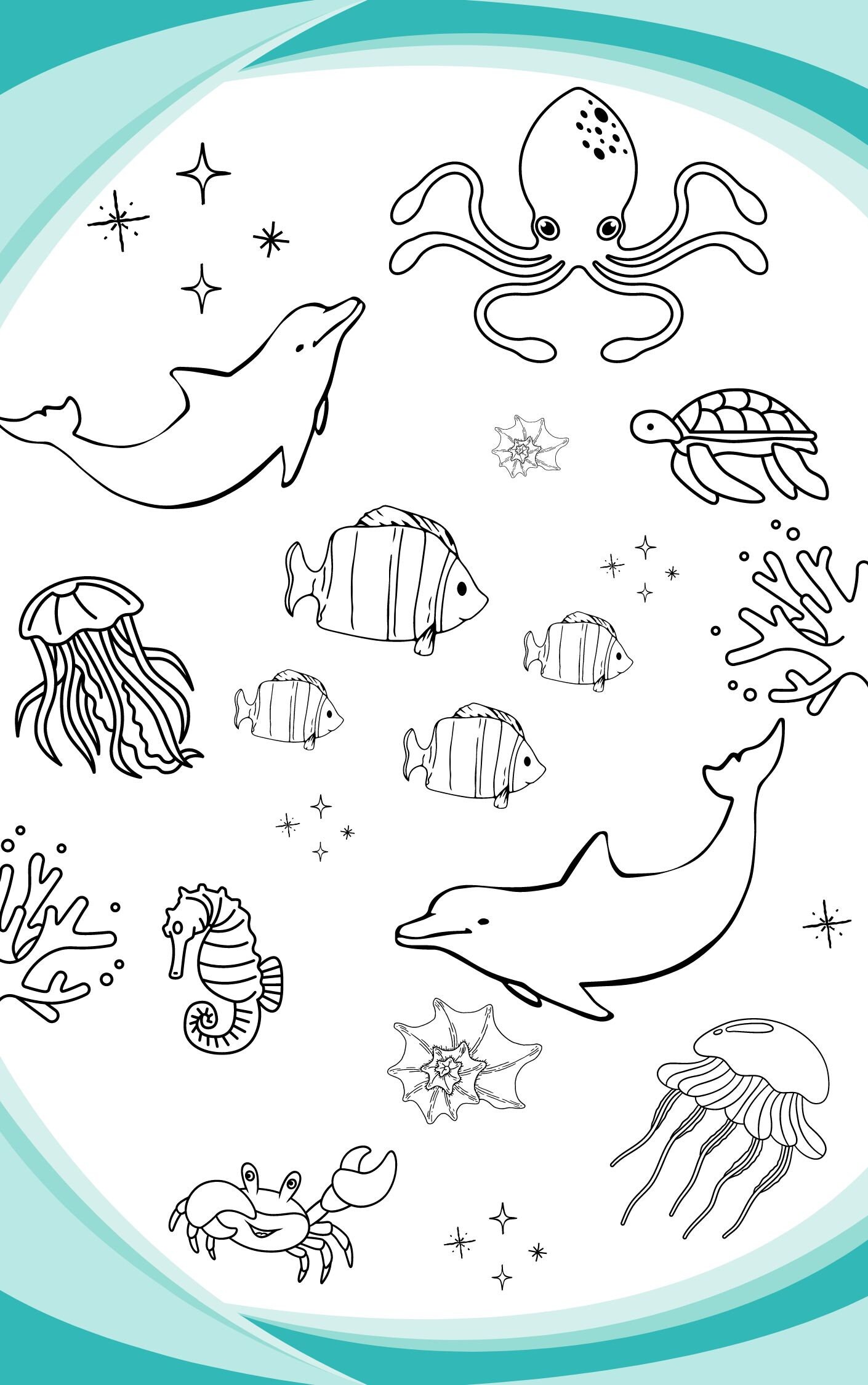 Under the Sea Coloring Pages for Kids, Ocean Creatures, Coloring Blue ...