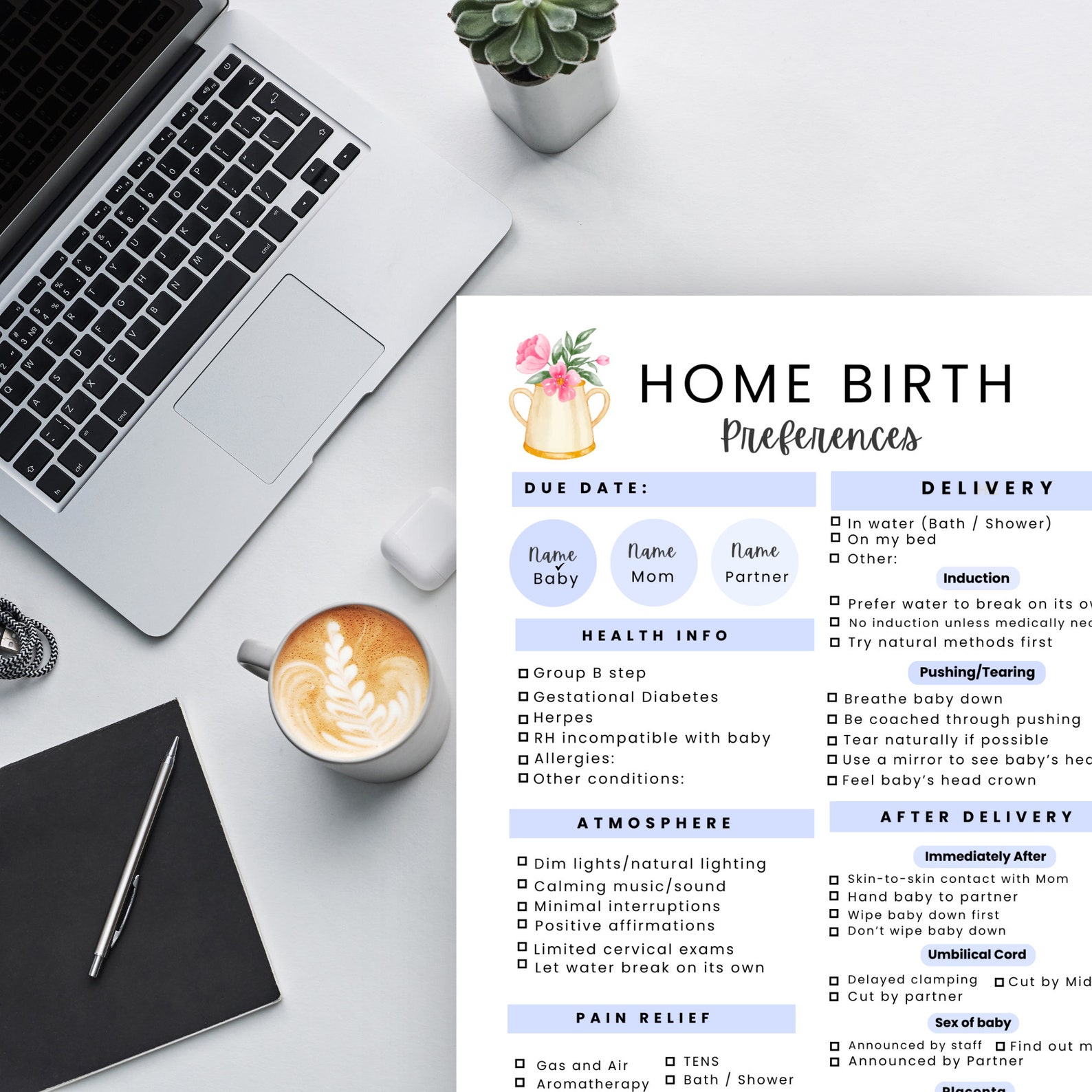 Simple Home Birth Plan Template, Editable Pastel Visual Birth Plan ...