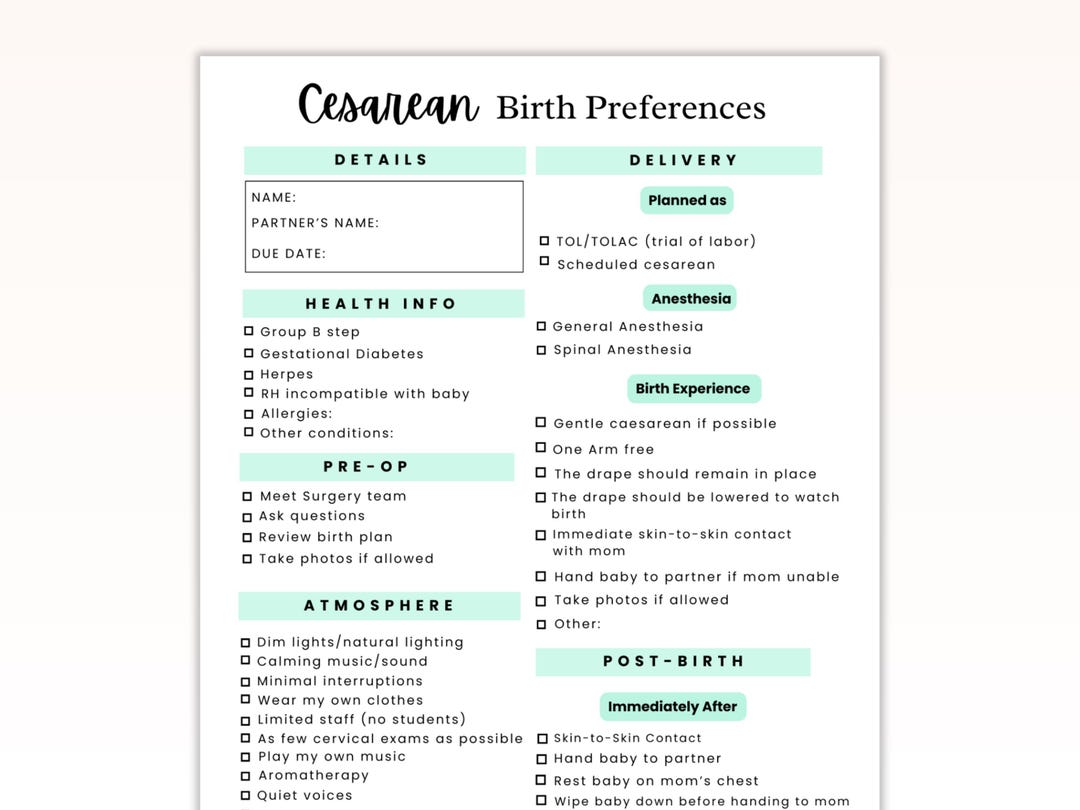 Gentle C-section Birth Plan Template, Planned Cesarean Hospital Birth ...