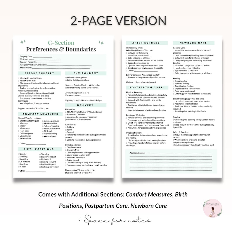 C-section Birth Preferences & Boundaries Checklist, Cesarean Birth Plan ...