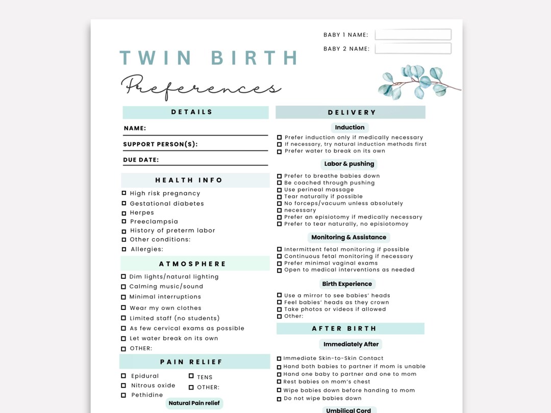 Twin Birth Plan Template, Printable Labor Birth Preferences, Editable ...