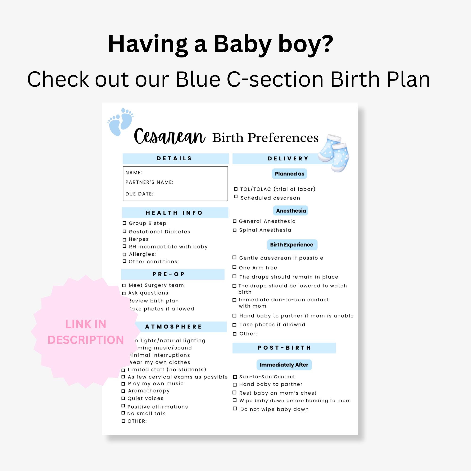 C-section Birth Plan Template, Baby Girl Birth Plan, Labor Delivery ...