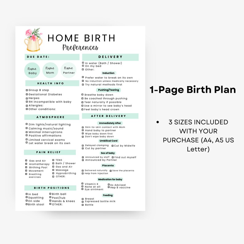 Simple Home Birth Plan Template, Editable Pastel Visual Birth Plan ...
