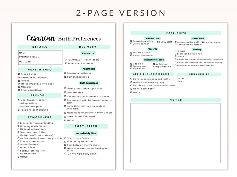 Gentle C-section Birth Plan Template, Planned Cesarean Hospital Birth ...