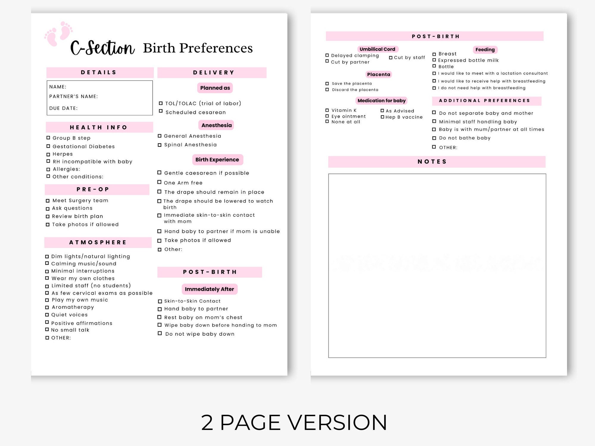 Pink C-section Birth Plan Template for Baby Girl, Simple Doula Handout ...