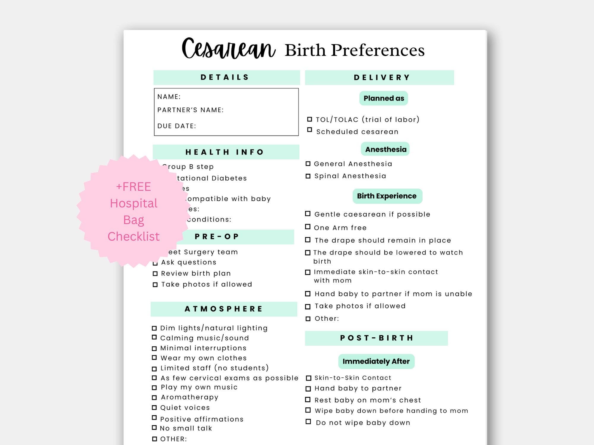 Gentle C-section Birth Plan Template | Simple Doula Handout | Expectant ...