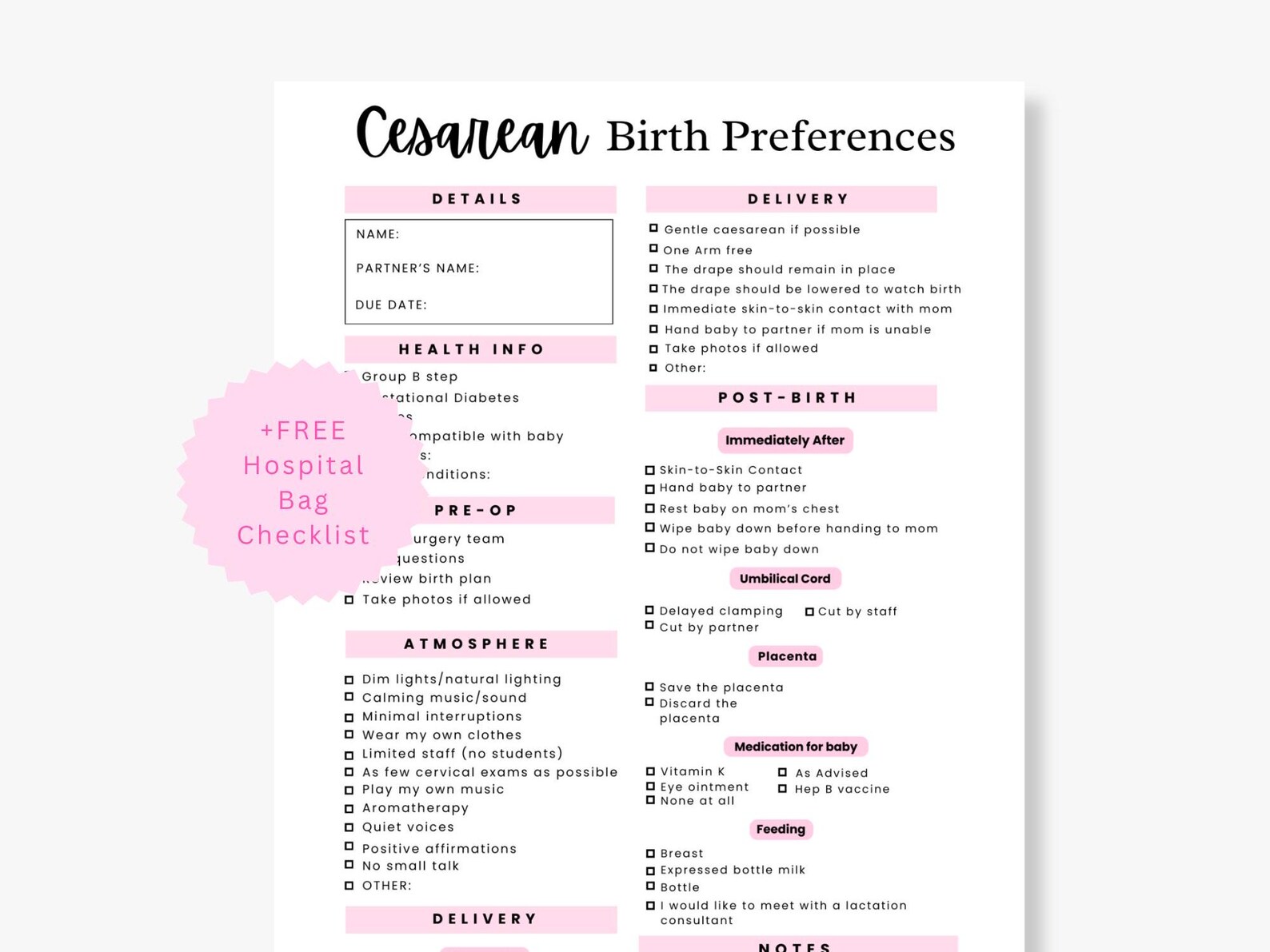 Pink C-section Birth Plan Template for Baby Girl, Simple Doula Handout ...