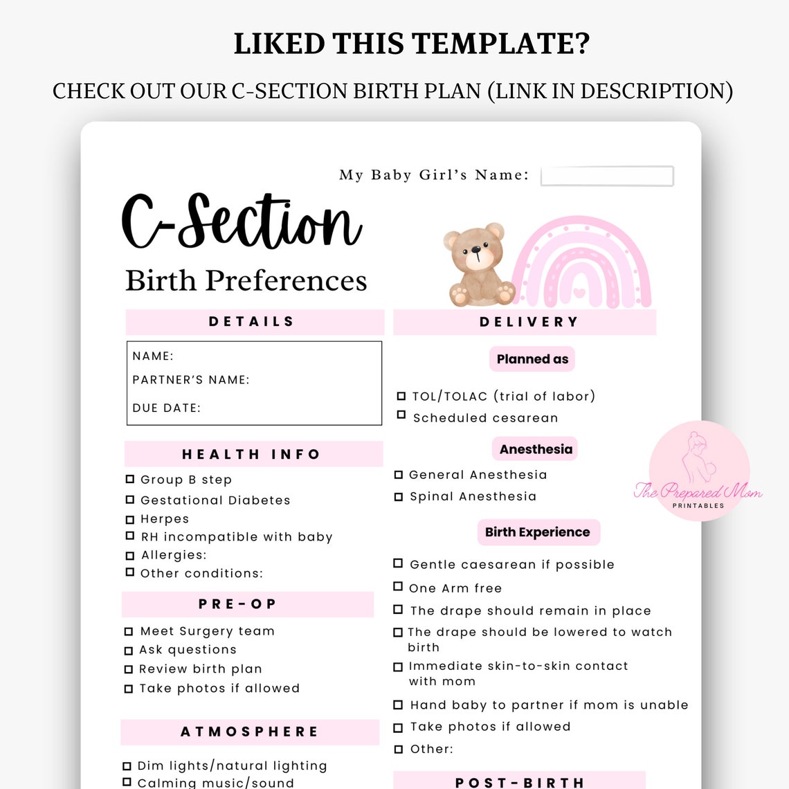 Visual Birth Plan Template Bundle,printable Labor Delivery Preferences ...