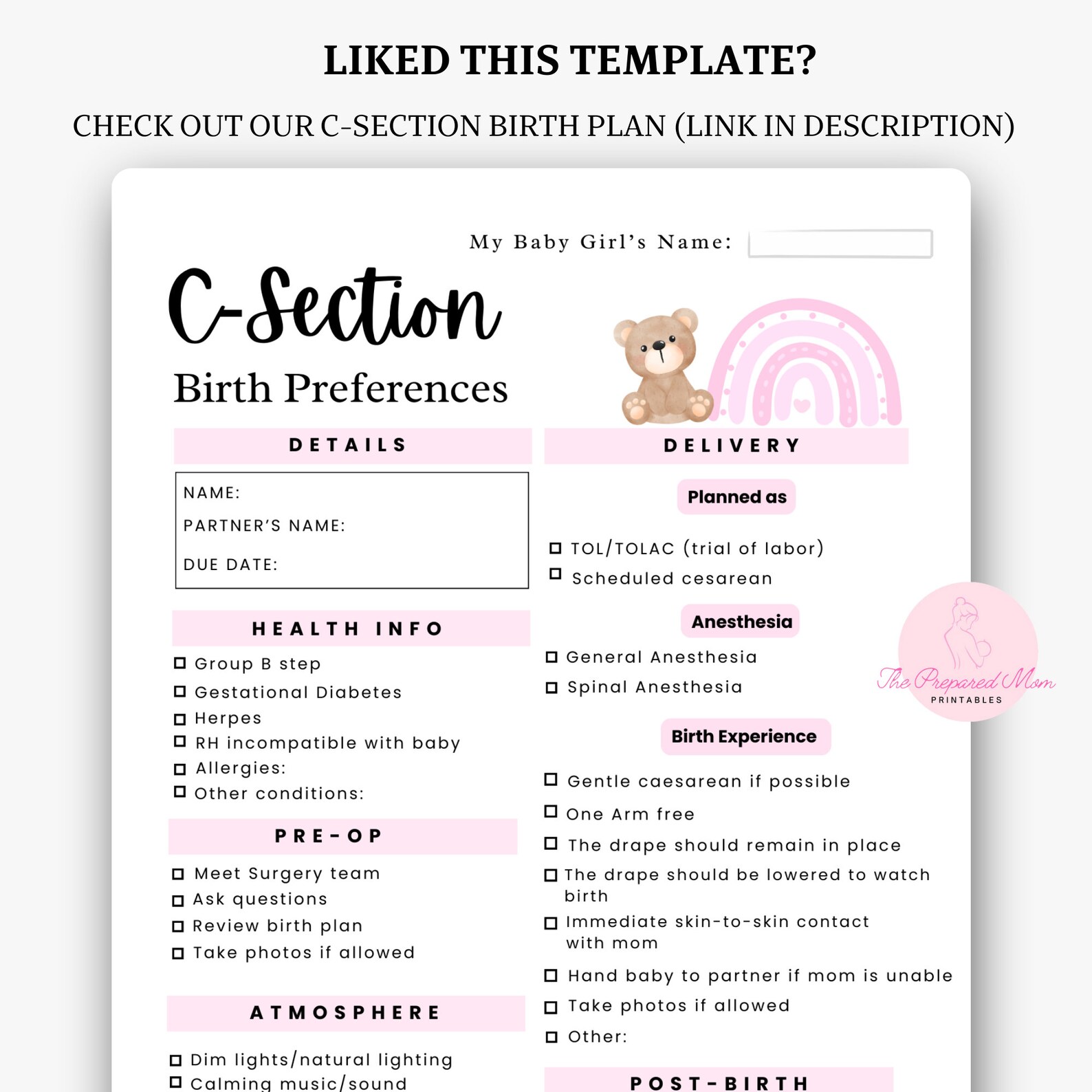 Visual Birth Plan Template Bundle,printable Labor Delivery Preferences ...