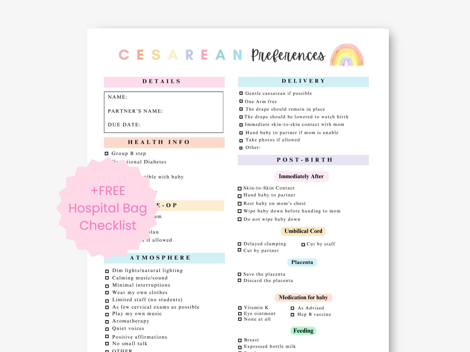 C-section Birth Plan Template, Editable Printable Cesarean Birth Plan ...
