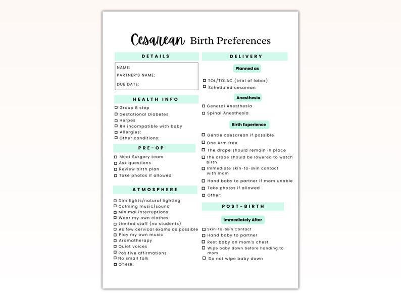 Gentle C-section Birth Plan Template, Planned Cesarean Hospital Birth ...