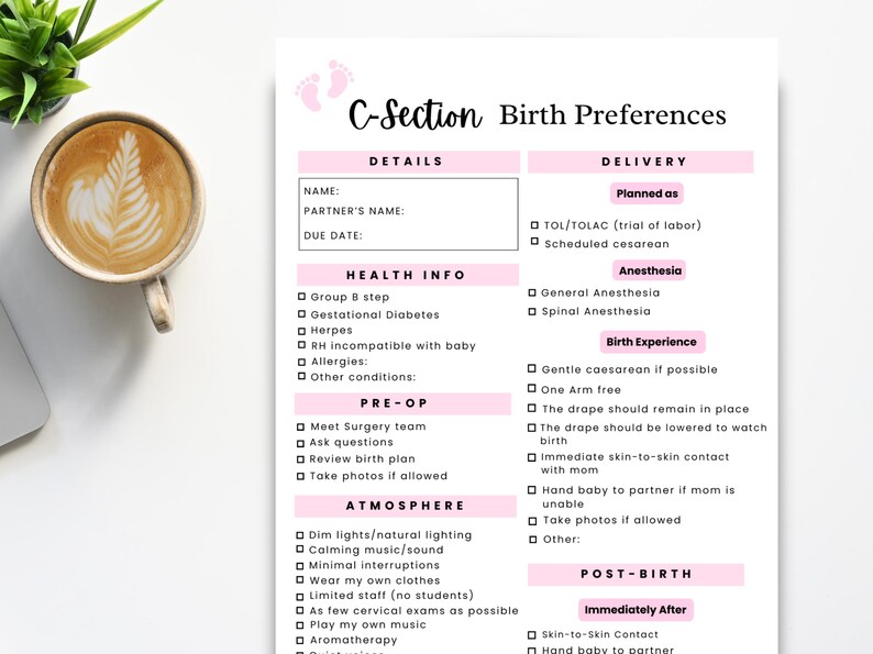 Pink C-section Birth Plan Template for Baby Girl, Simple Doula Handout ...