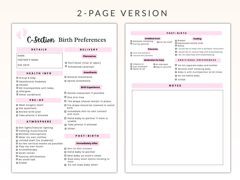 Pink C-section Birth Plan Template for Baby Girl, Simple Doula Handout ...