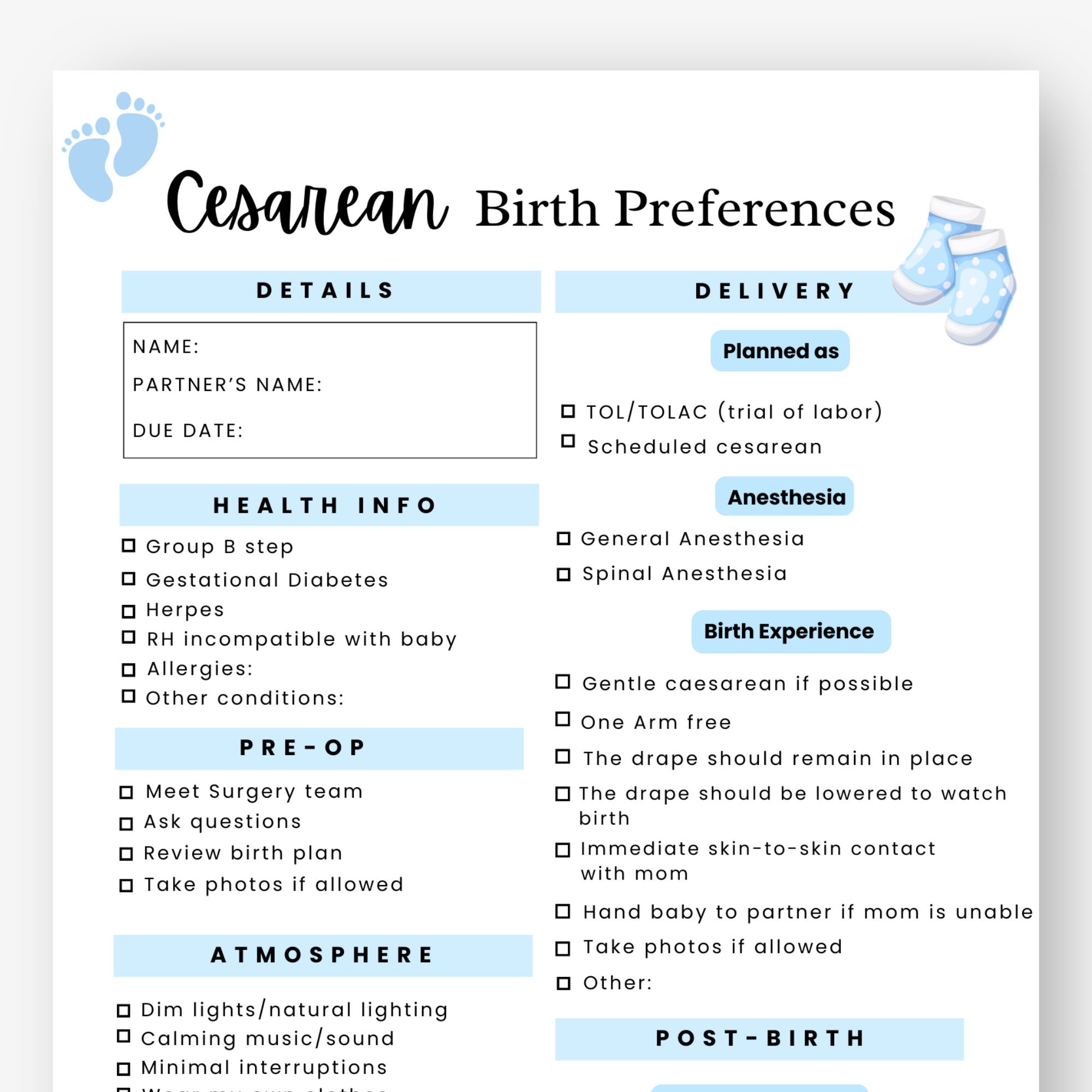 C Section Birth Plan Template for Boy, Pastel Blue Cesarean Birth Plan ...
