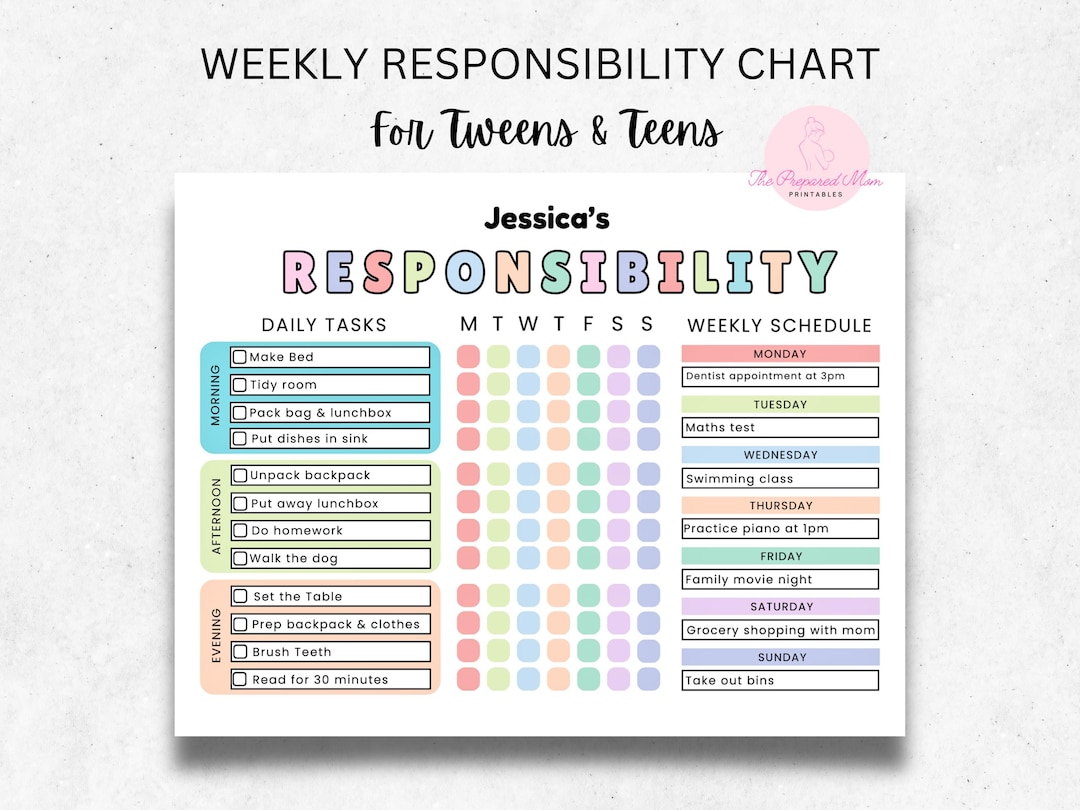 Weekly Responsibility Chore Chart for Teens and Tweens, Printable ...