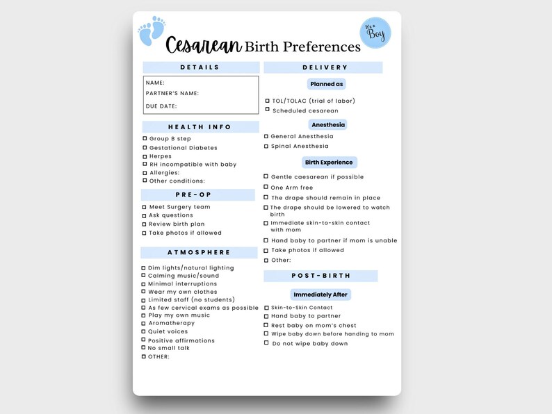 Editable C Section Birth Plan Template for Boy, Pastel Blue Cesarean ...